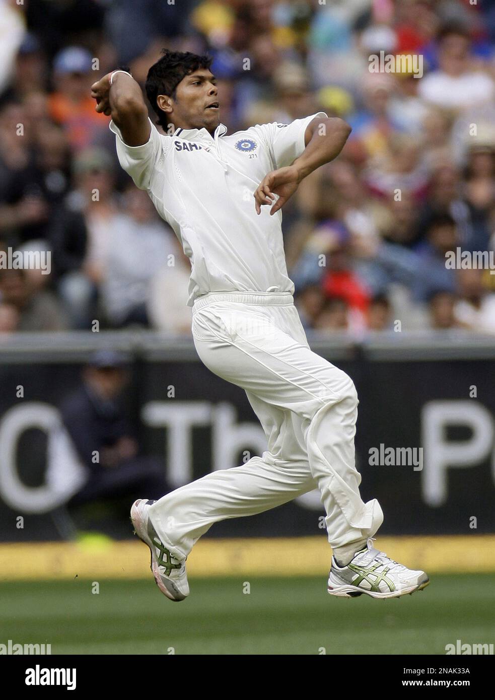 Umesh Yadav from India bowls a delivery during the first cricket test ...