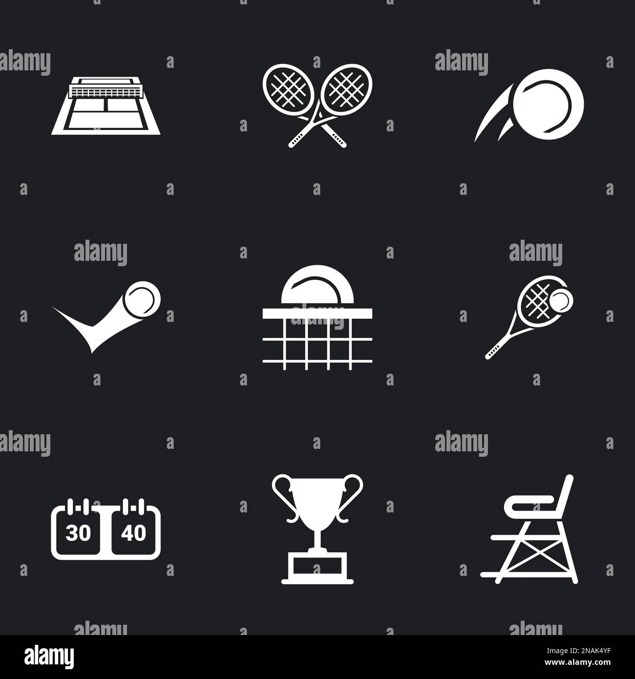 Icons for theme tennis, vector, icon, set. Black background Stock ...