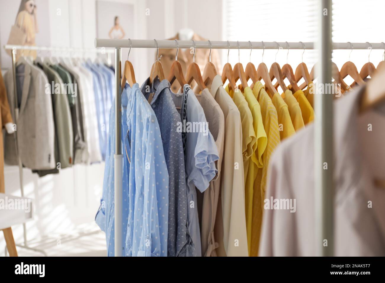 Collection of stylish women's clothes in modern boutique Stock Photo ...