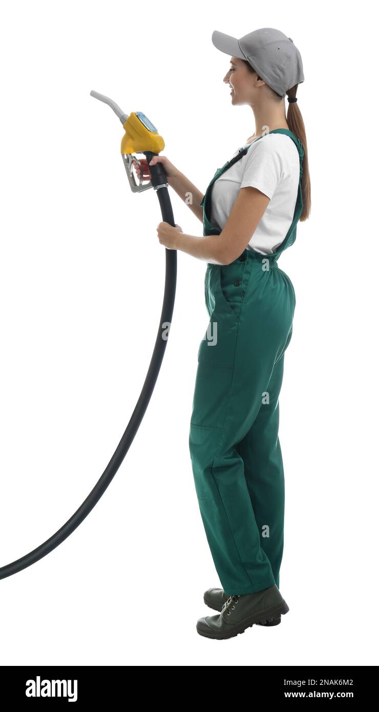 Gas station worker with fuel nozzle on white background Stock Photo - Alamy