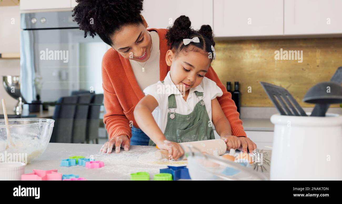 Cooking, mother and flour fun in kitchen with pin for baking, cookies ...