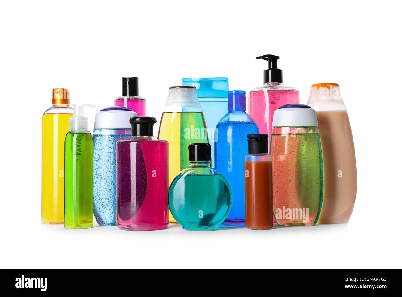 Bottles of different personal hygiene products on white background ...