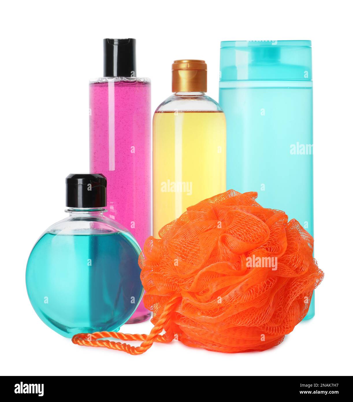 Personal hygiene products and shower puff on white background Stock ...