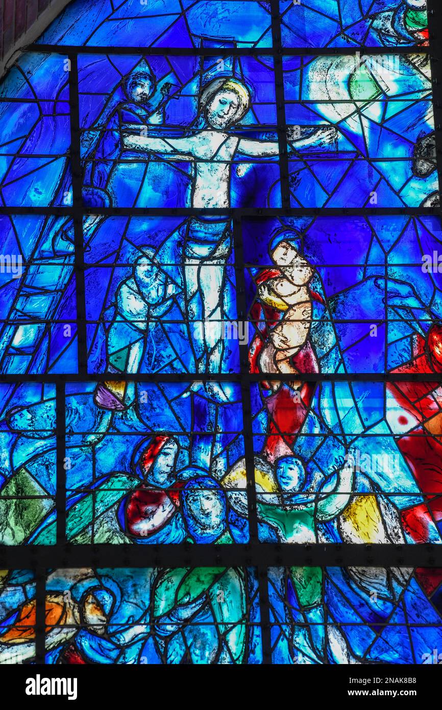 Detail Crucifixion of the stained glass window of La Paix, the Peace, by Marc Chagall, Chapelle ...