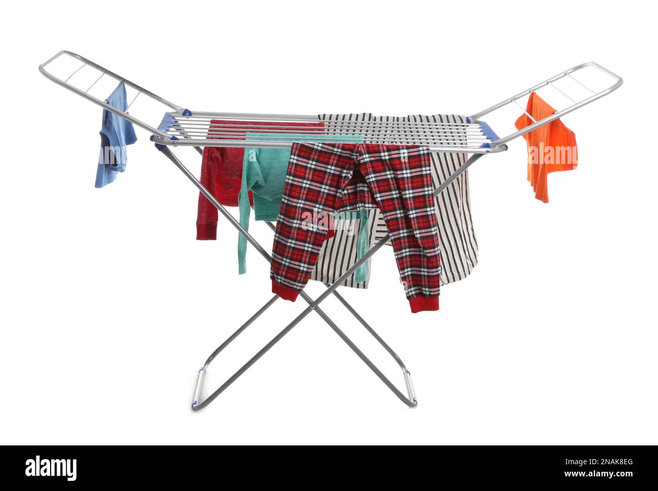 Modern drying rack with clothes on white background Stock Photo - Alamy