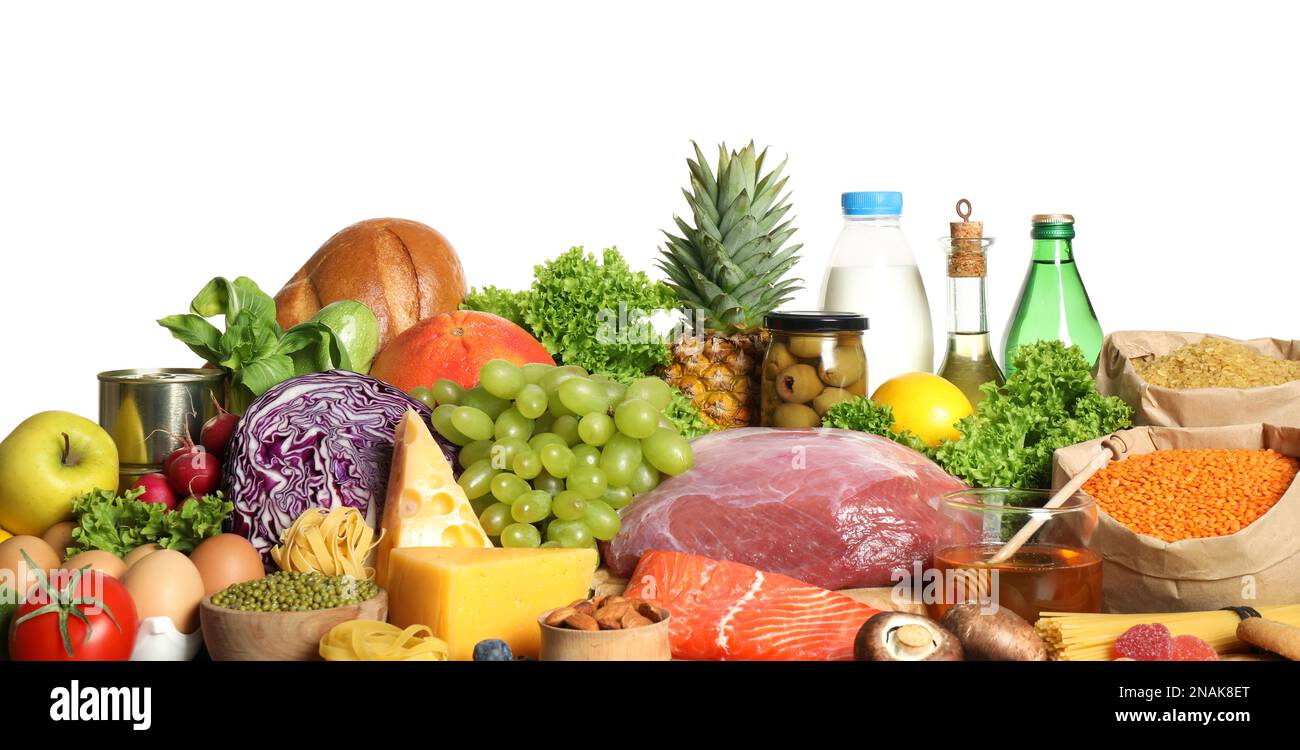 Different products on white background. Healthy food and balanced diet ...