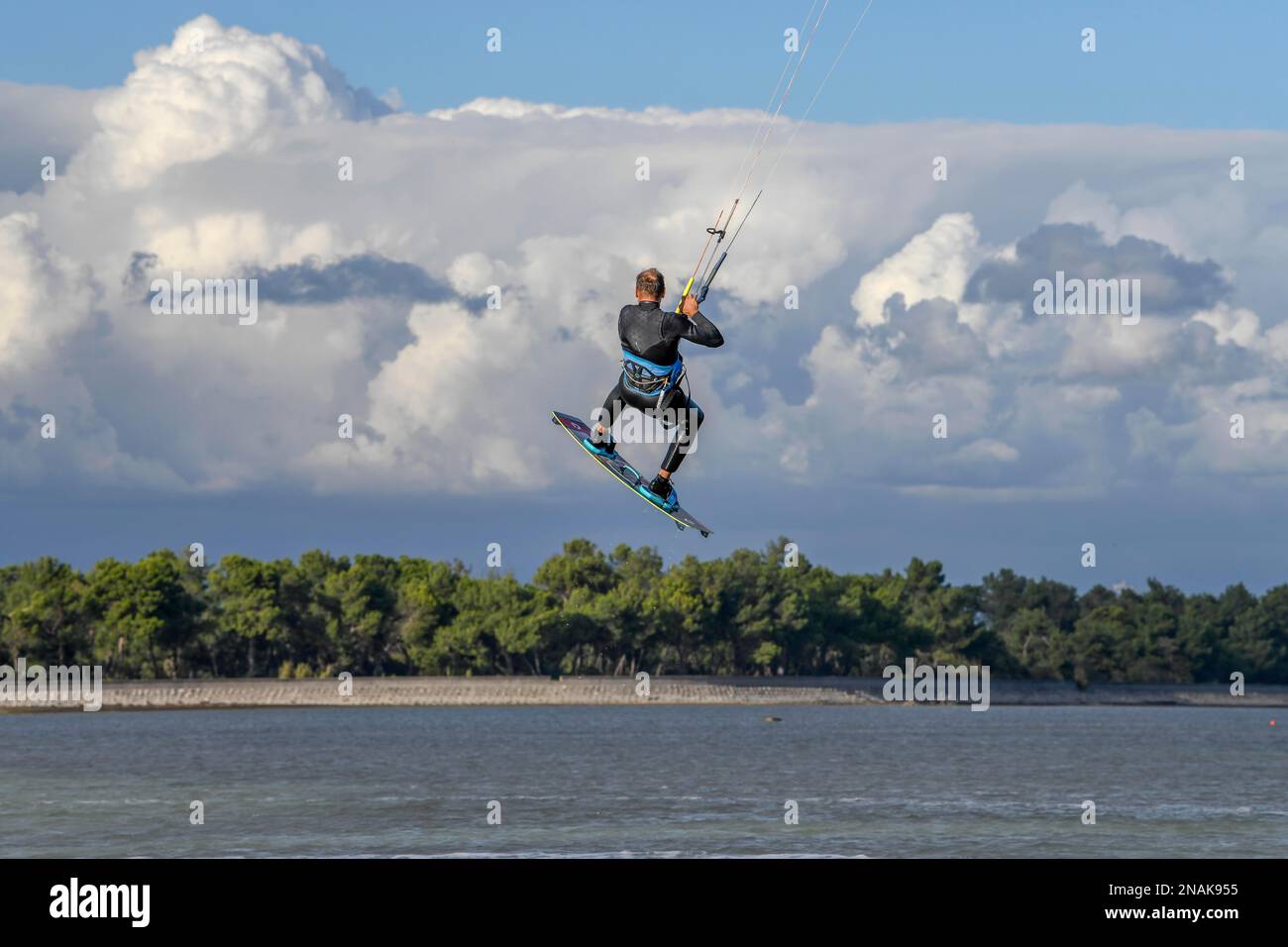 Kite surfing in the air, Grado Pineta beach, Lagoon di Grado, Friuli ...