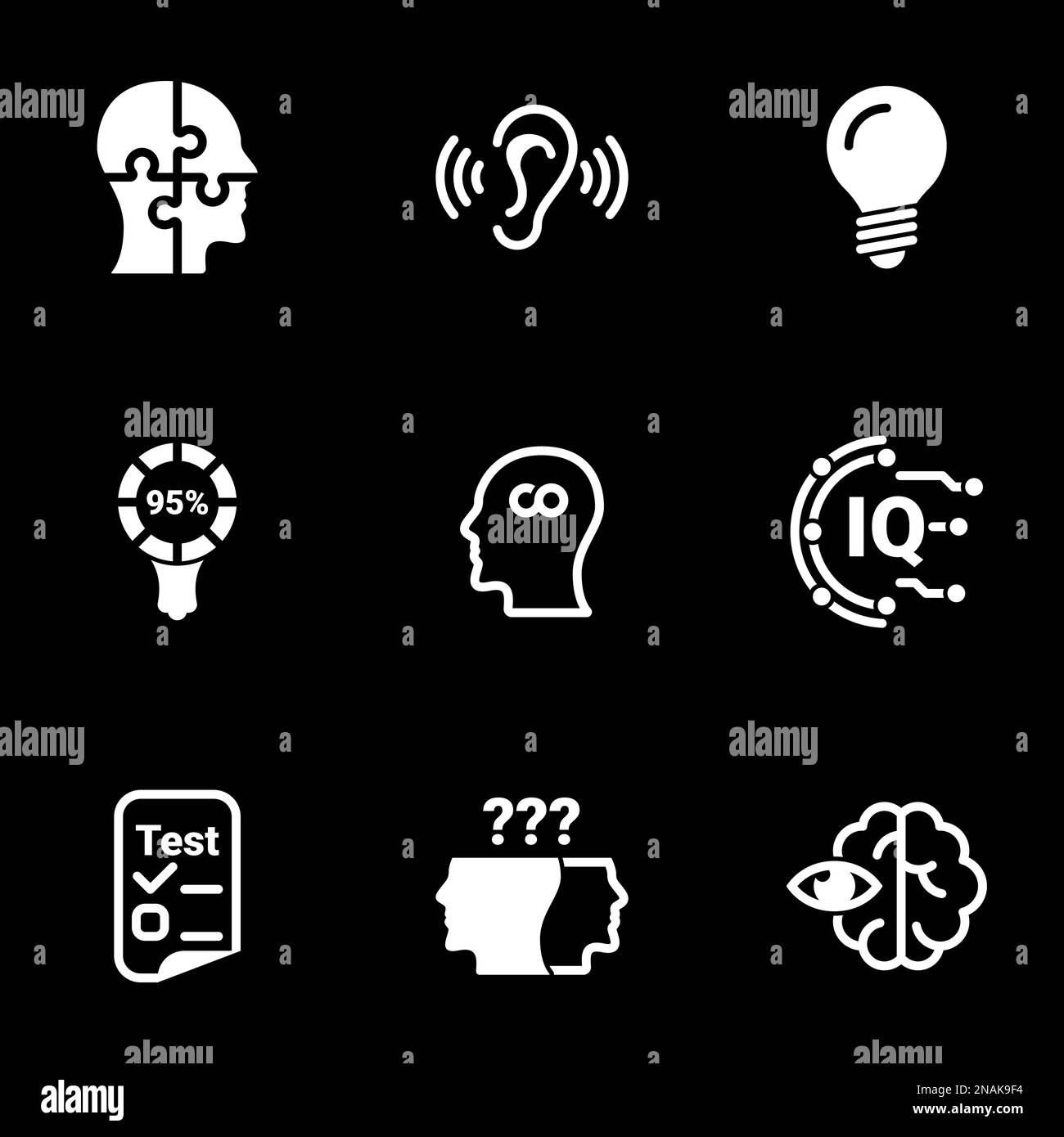 Set of simple icons on a theme Intellect, research, mind, brain, person ...