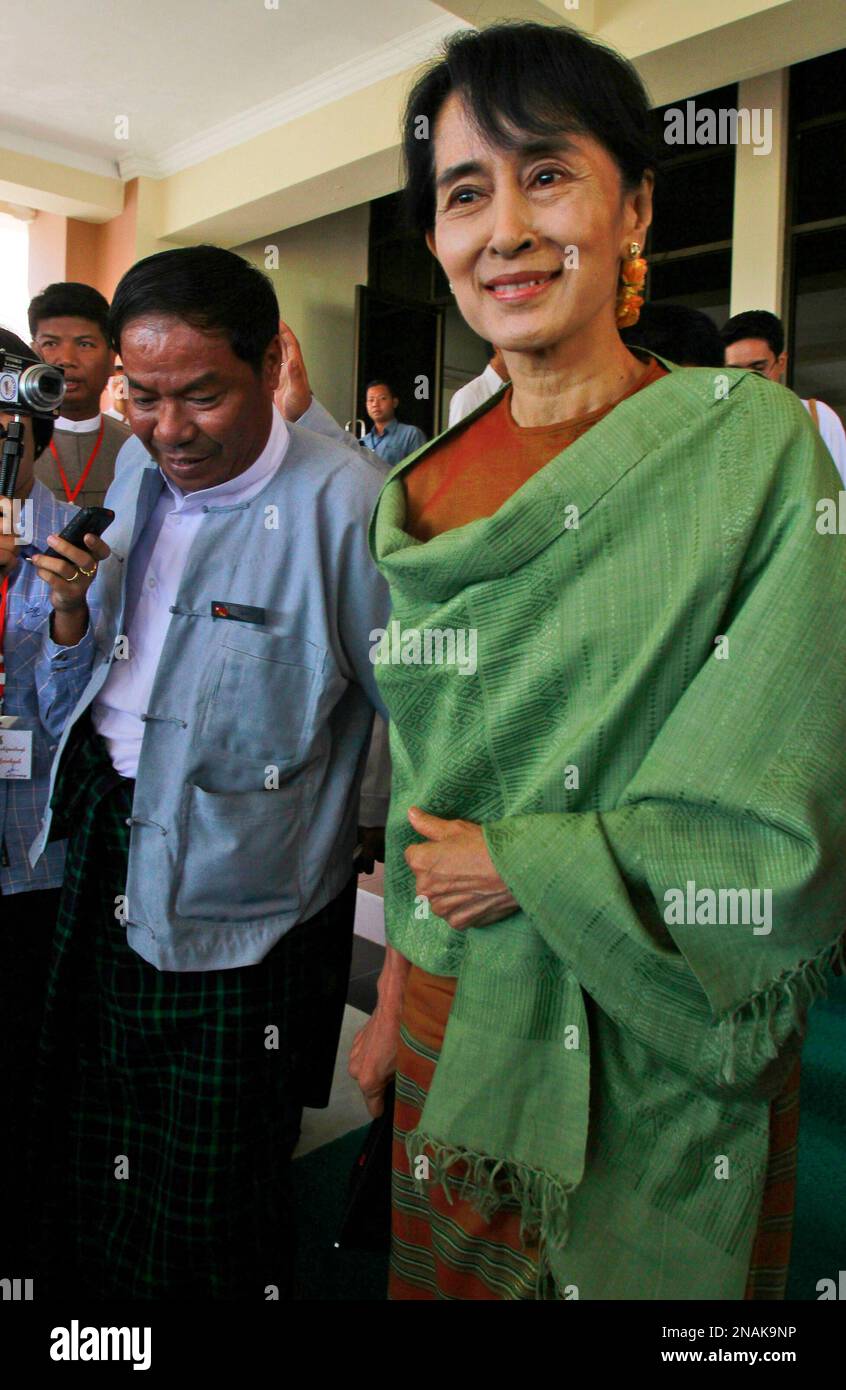 Myanmar democracy leader Aung San Suu Kyi arrives at Union Election ...