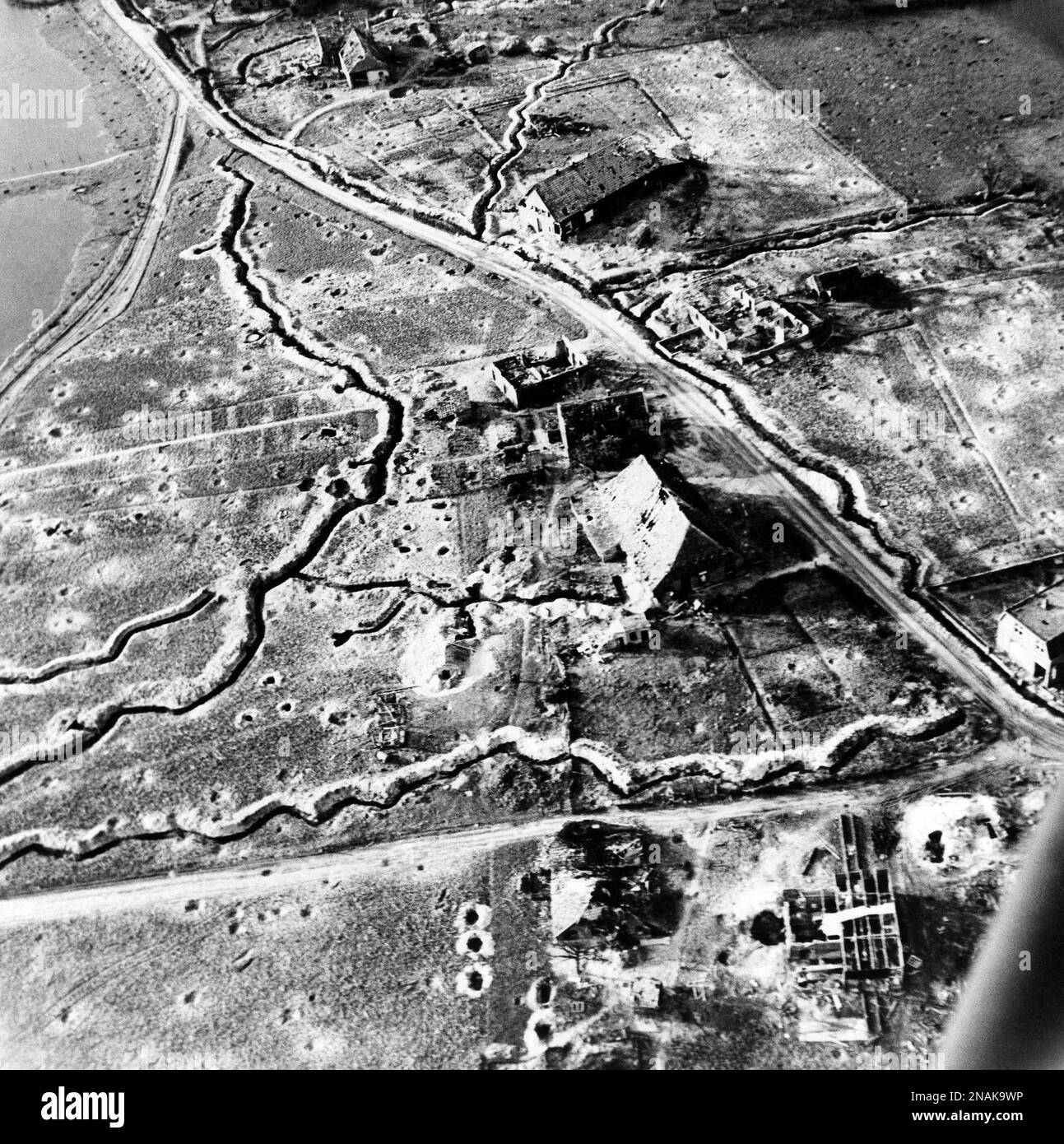 Aerial view of the western battlefront showing trenches and craters in ...