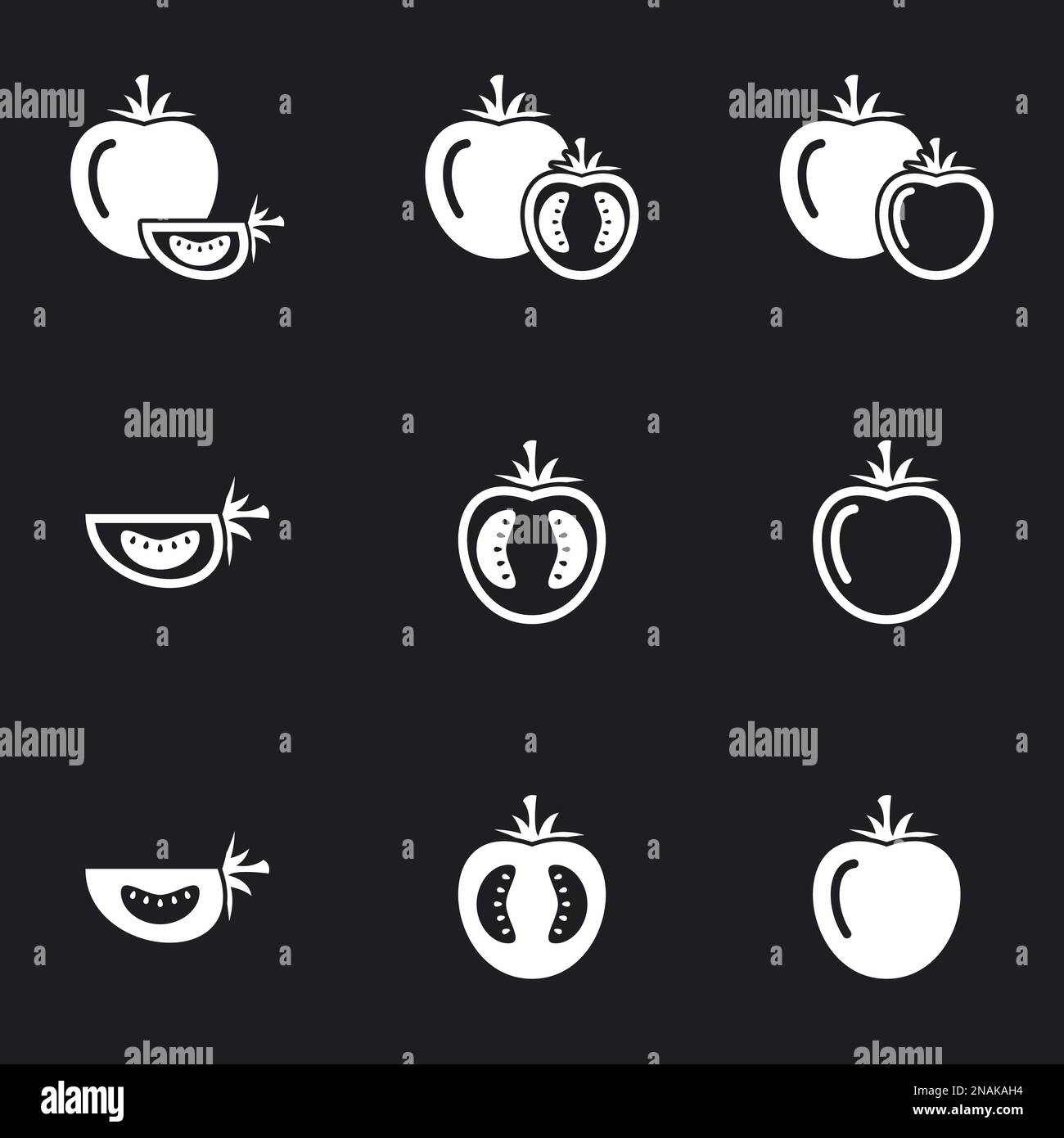 Collection of icons, tomato. Vector, set, isolated. Black background ...