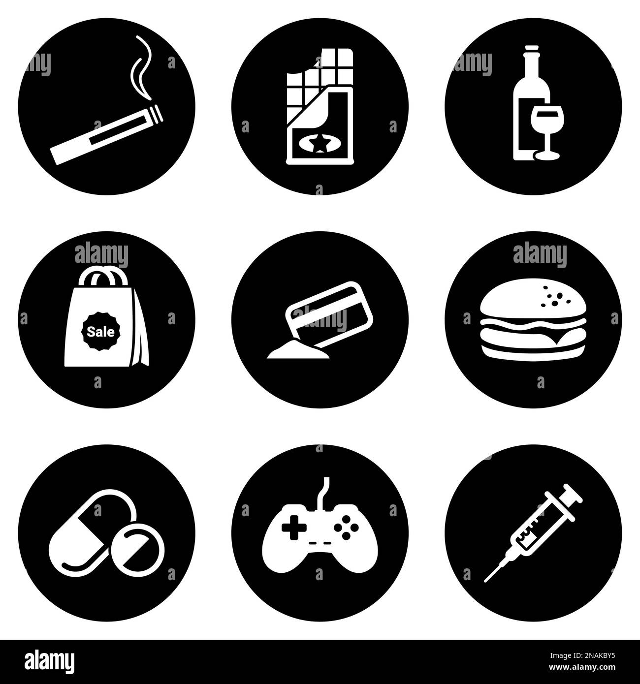 Set of simple icons on a theme Addiction, vector, design, collection ...