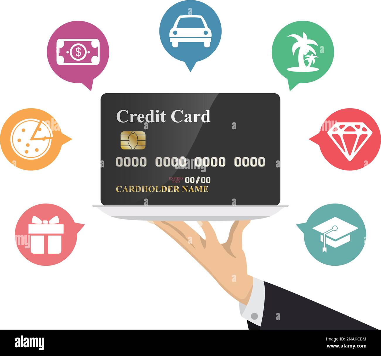 Hand holding credit card in silver tray with icon. Illustration about ...