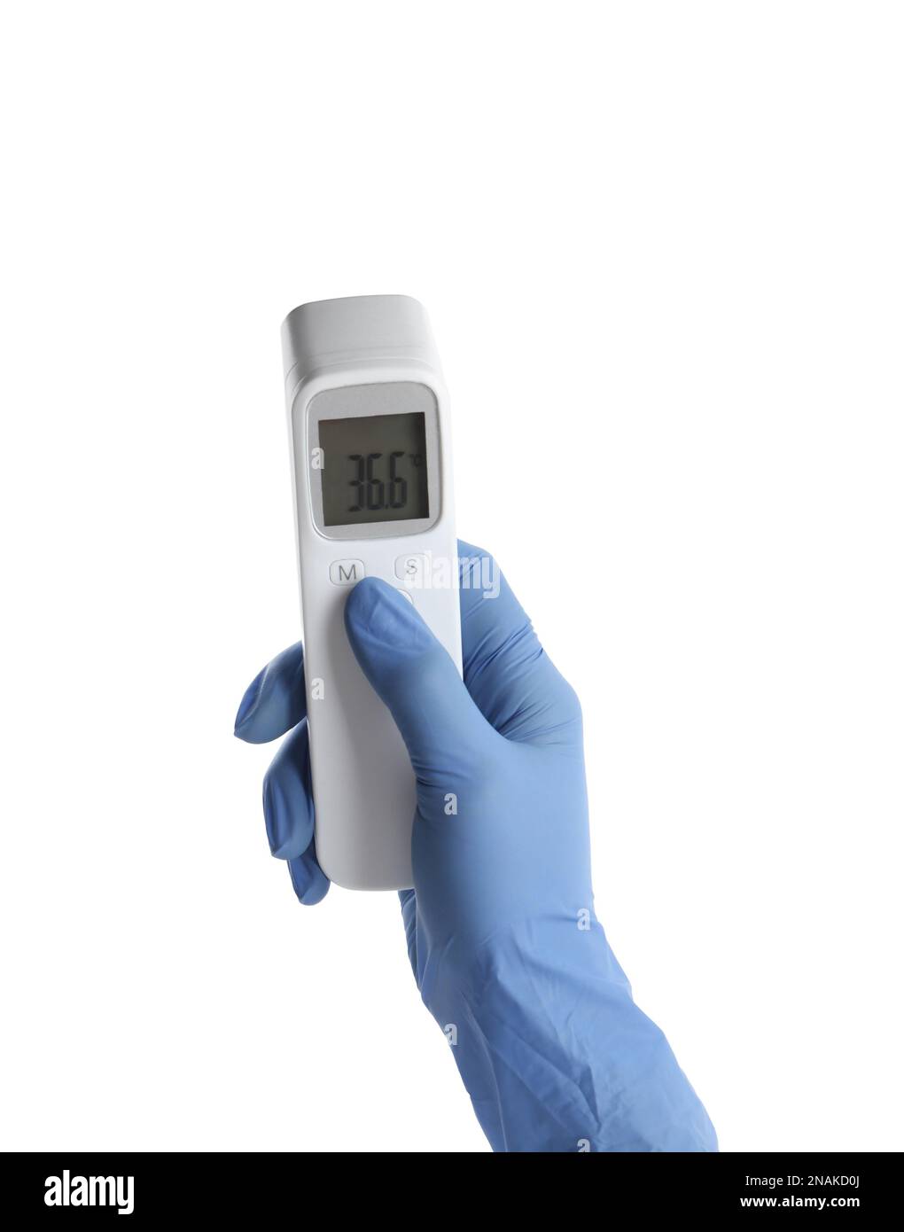 Doctor with infrared thermometer on white background, closeup. Checking ...