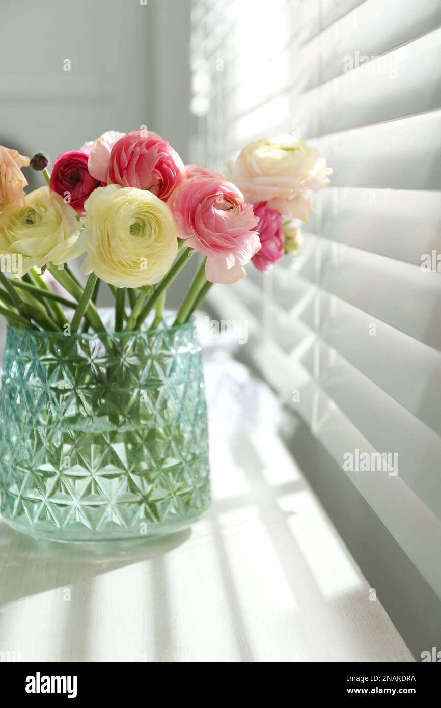 Beautiful ranunculus flowers in vase on window sill indoors Stock Photo ...