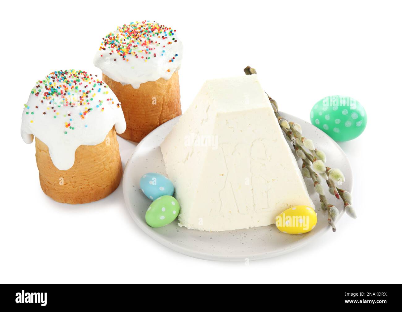 Composition with traditional cottage cheese Easter paskha on white background Stock Photo - Alamy