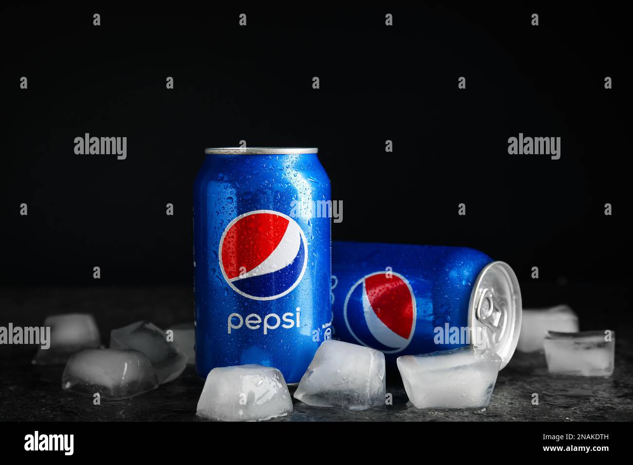 MYKOLAIV, UKRAINE - FEBRUARY 11, 2021: Cans of Pepsi with water drops ...