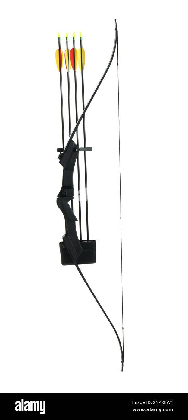 Black bow and plastic arrows on white background. Archery sports ...