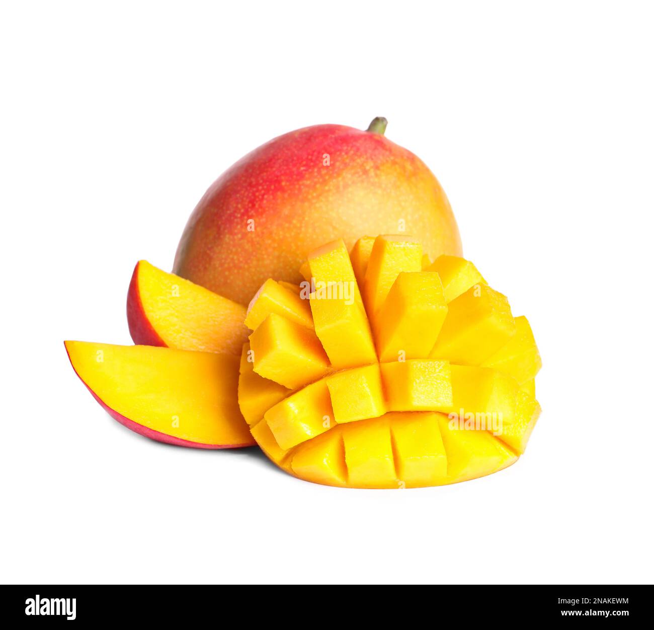 Delicious whole and cut mangoes on white background Stock Photo - Alamy