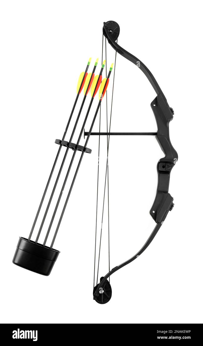 Black bow and plastic arrows on white background, top view. Archery ...