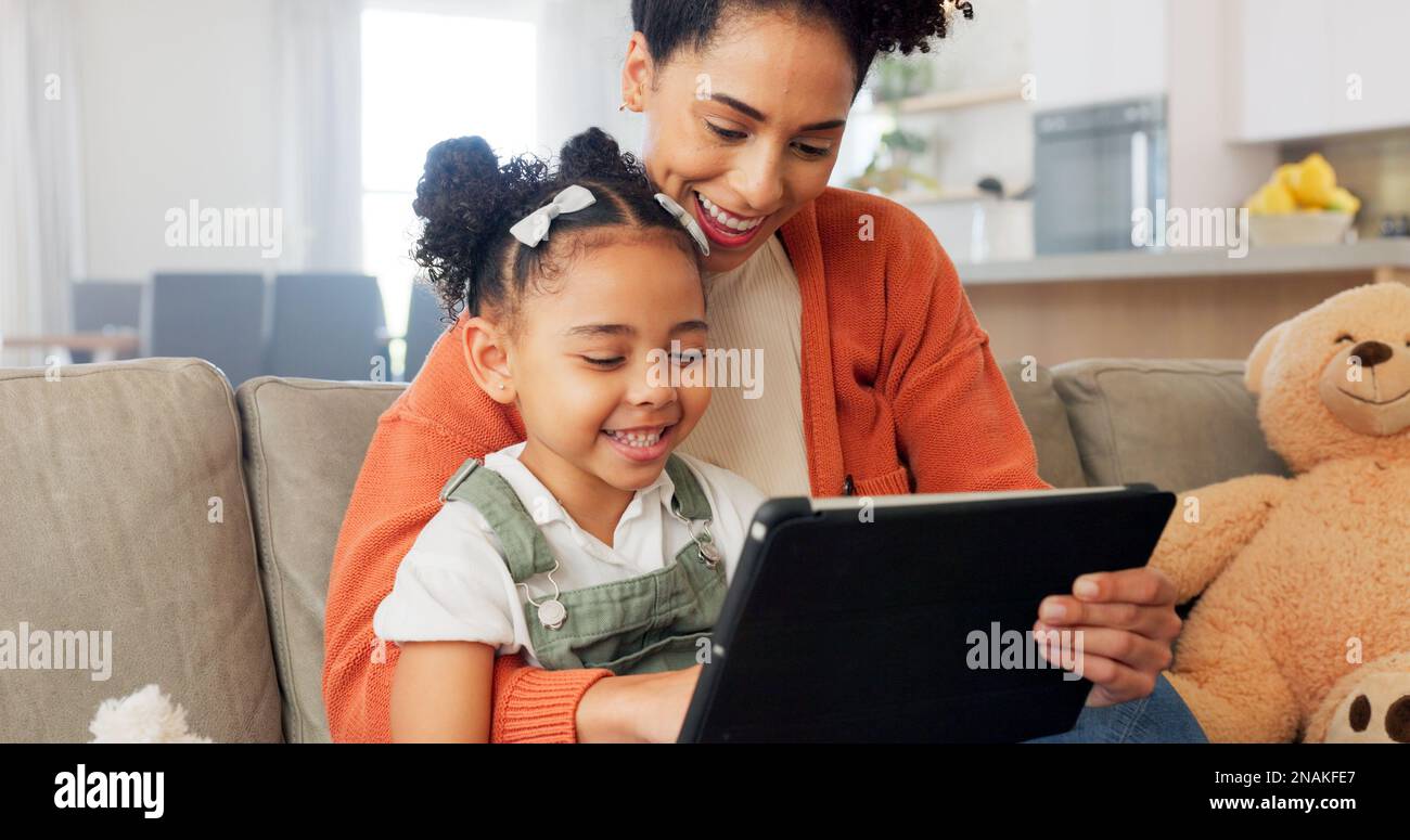 Tablet, learning and black family on education app in home for remote ...