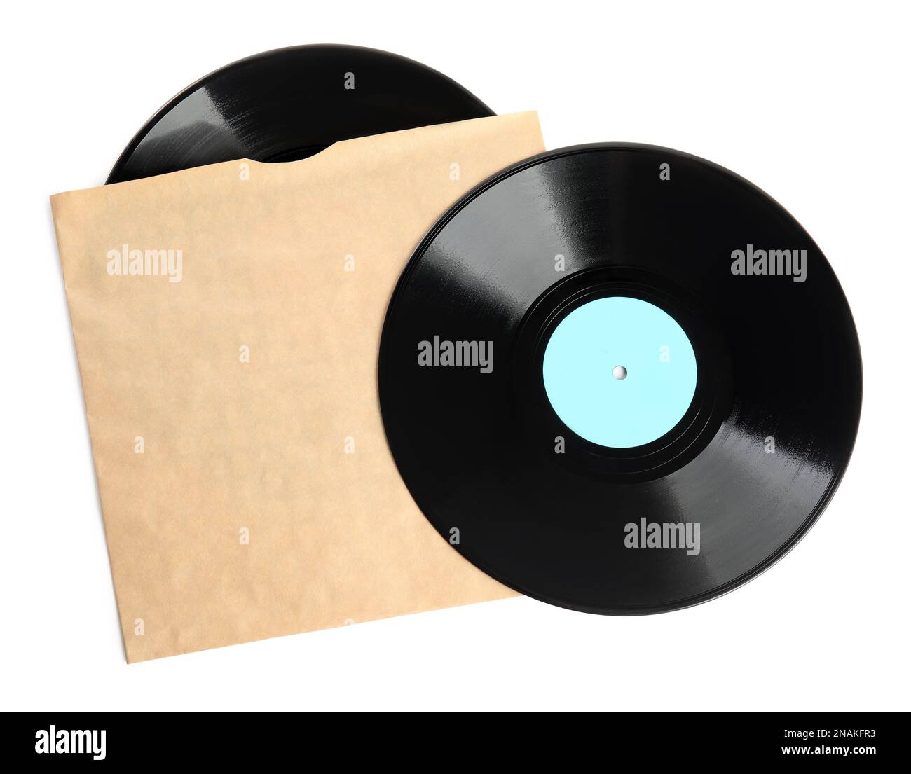 Vintage vinyl records in paper cover on white background, top view ...