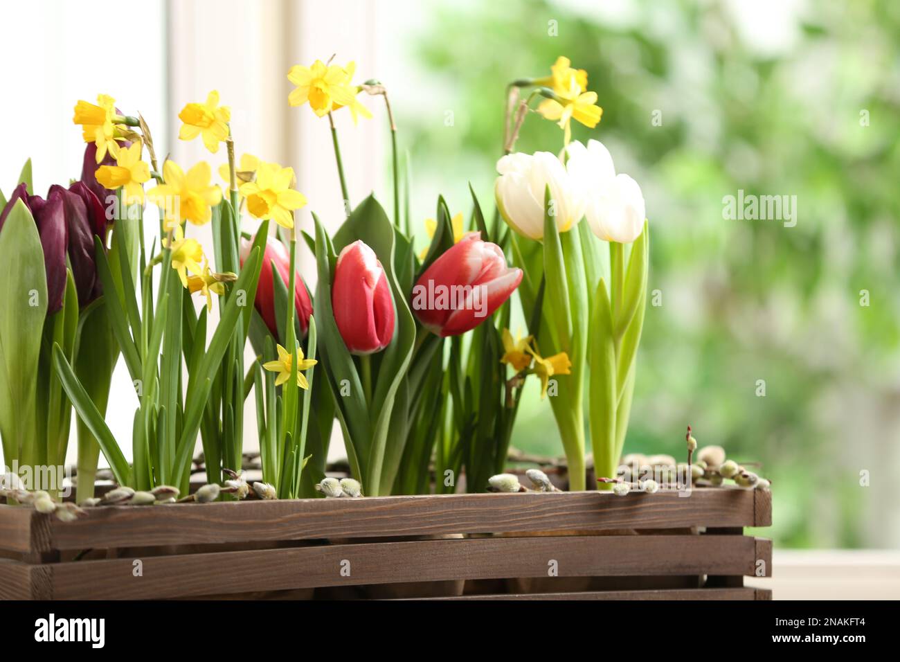 Beautiful spring flowers in wooden crate on window sill Stock Photo - Alamy