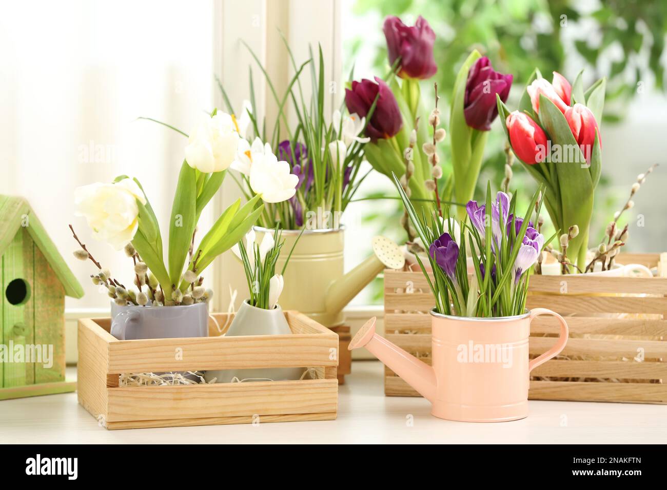 Different beautiful spring flowers with birdhouse on window sill Stock ...
