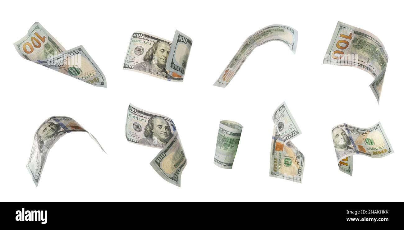 Dollar banknotes flying on white background, collage. Banner design ...
