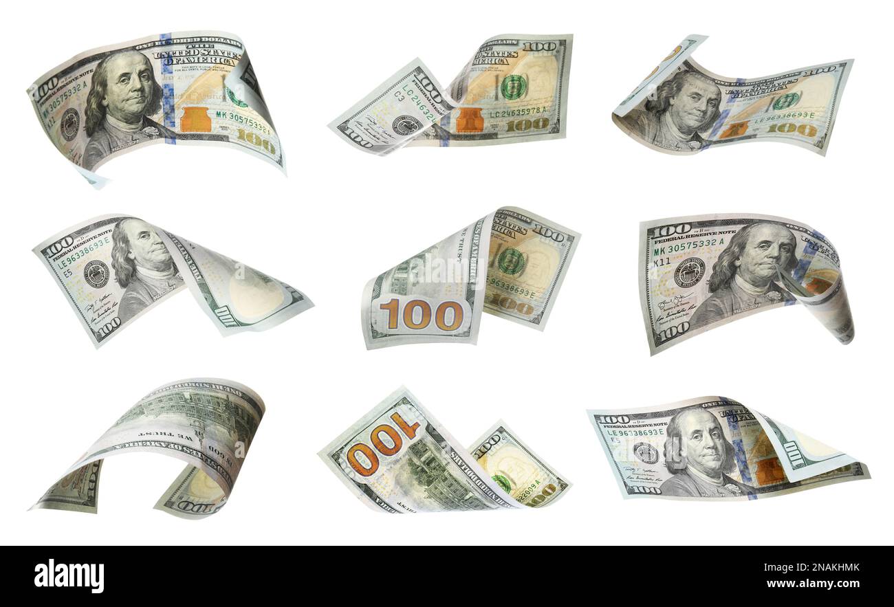 Dollar banknotes flying on white background, collage Stock Photo - Alamy