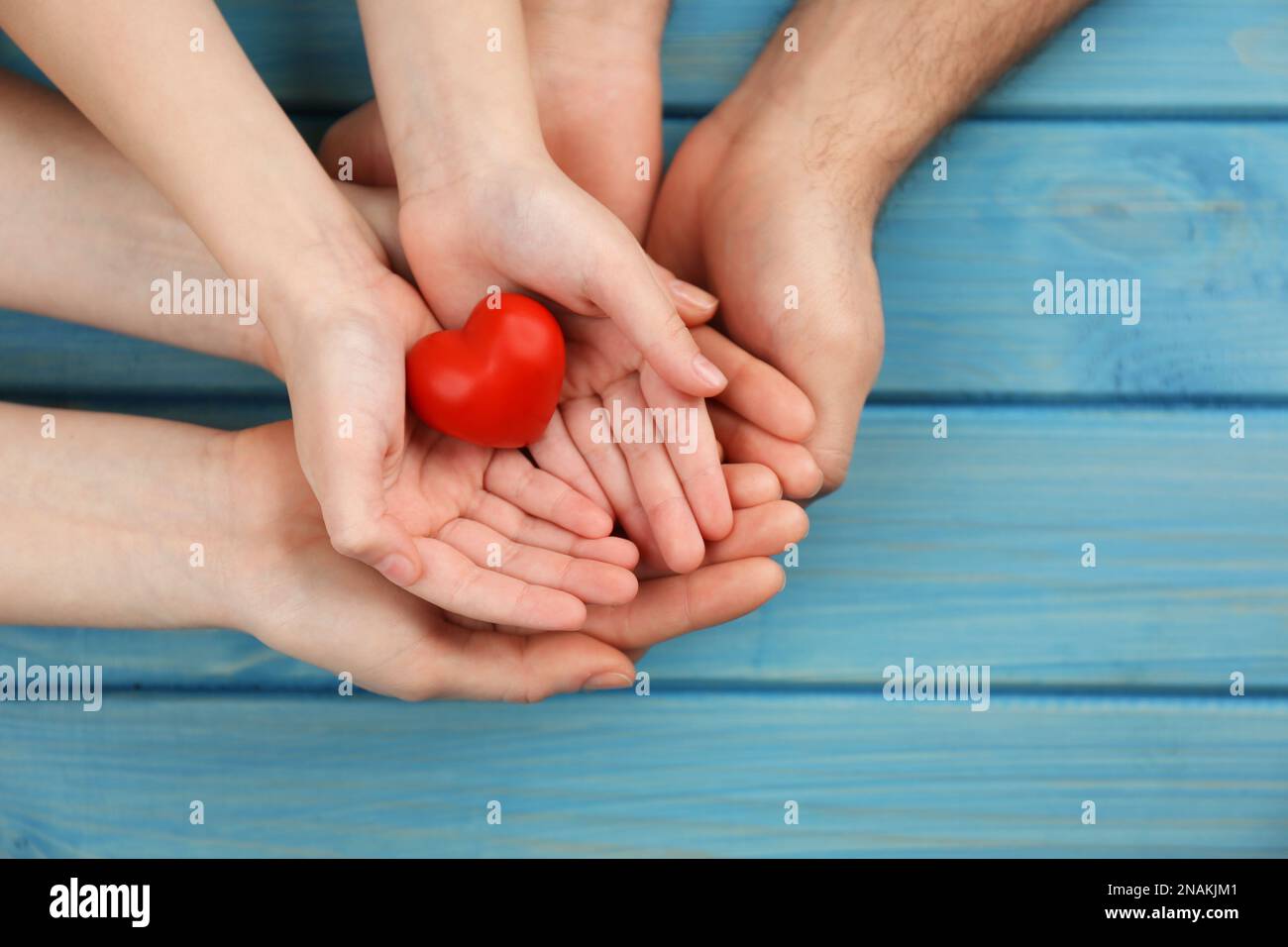 Parents and kid holding red heart in hands at turquoise wooden table ...
