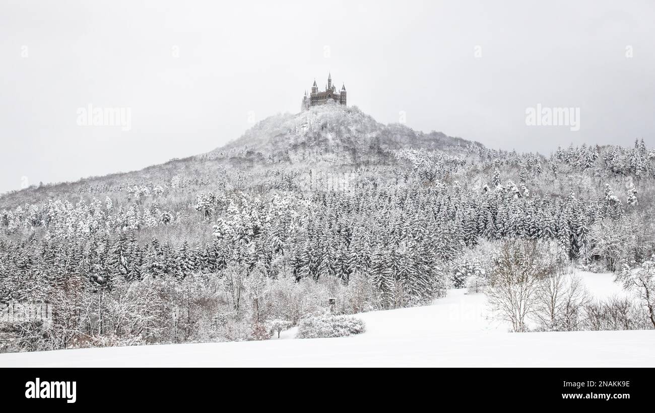 A landscape of a Castle Hohenzollern in winter with snow and fog above ...