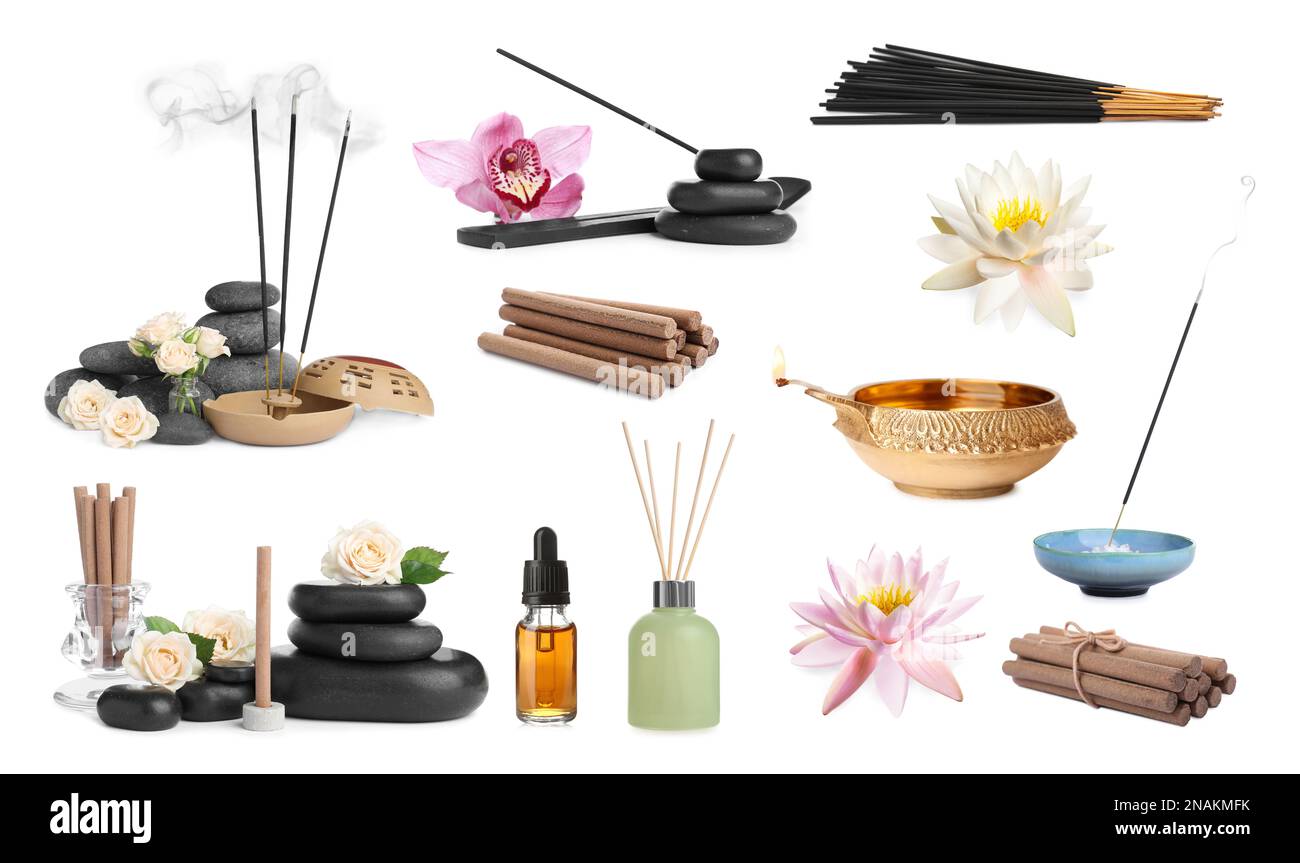 Incense sticks and other items for aromatherapy on white background ...