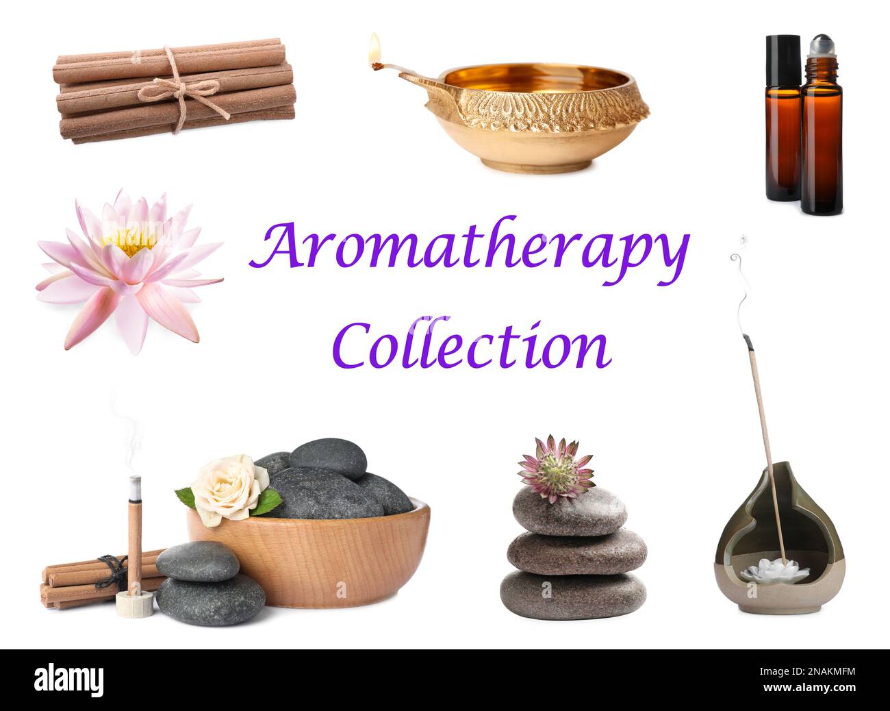 Incense sticks and other items for aromatherapy on white background ...
