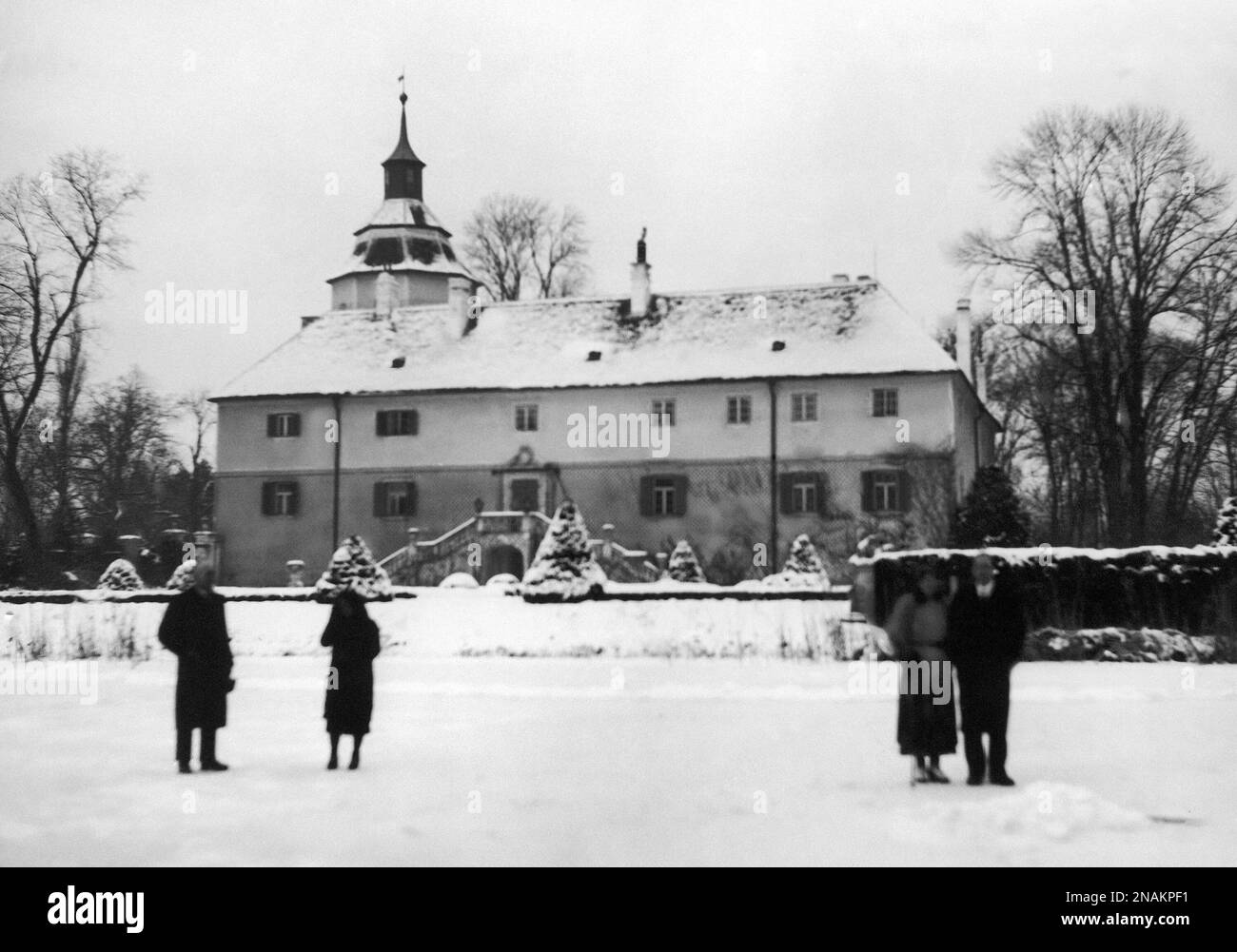 Exterior view taken in 1934 of the snow covered Castle of Sonnberg ...