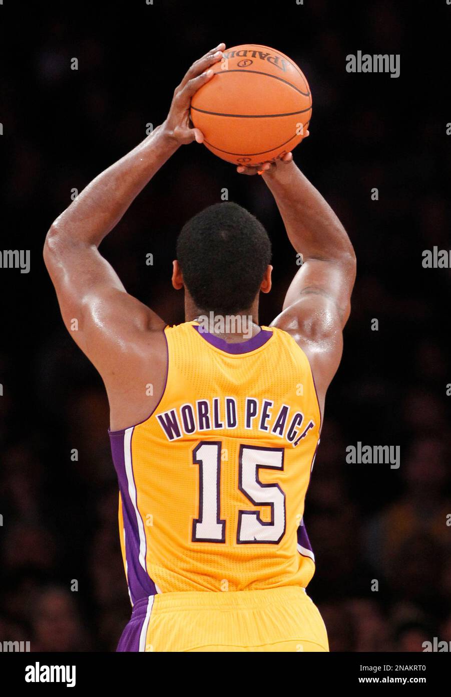 The back of the jersey of Los Angeles Lakers' Metta World Peace is seen ...