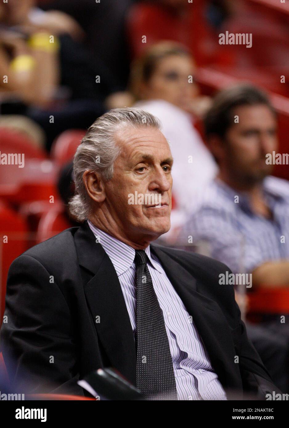 Miami Heat president Pat Riley watches an NBA preseason basketball game ...
