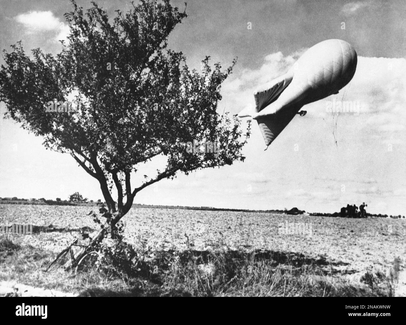 A German barrage balloon which is being used as a protection against ...