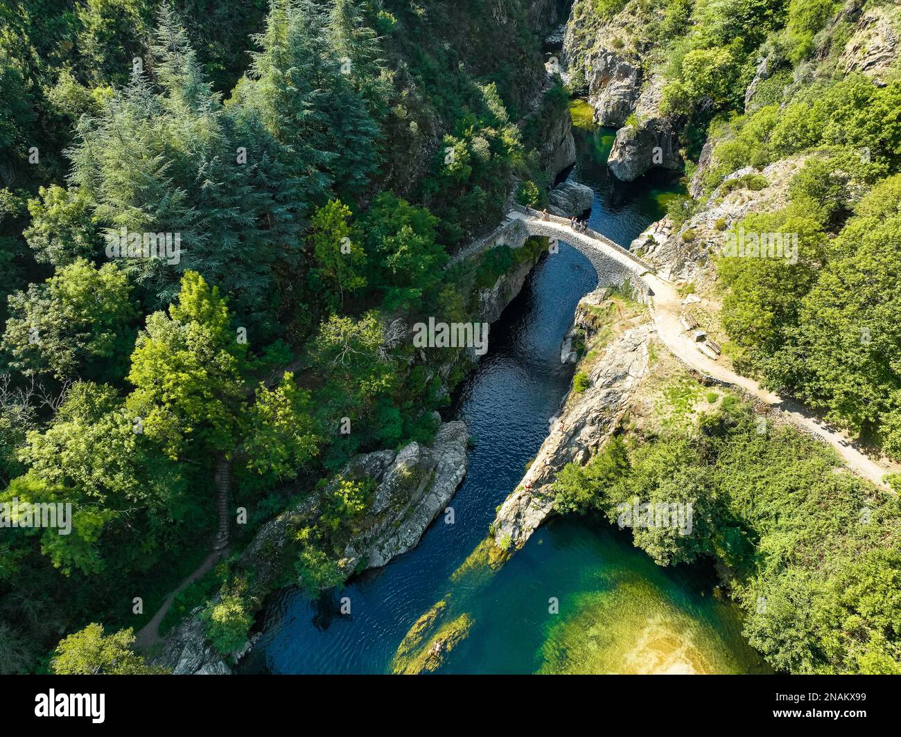 Le pont du diable or Devil Bridge ain Thueyts village in the Ardeche ...
