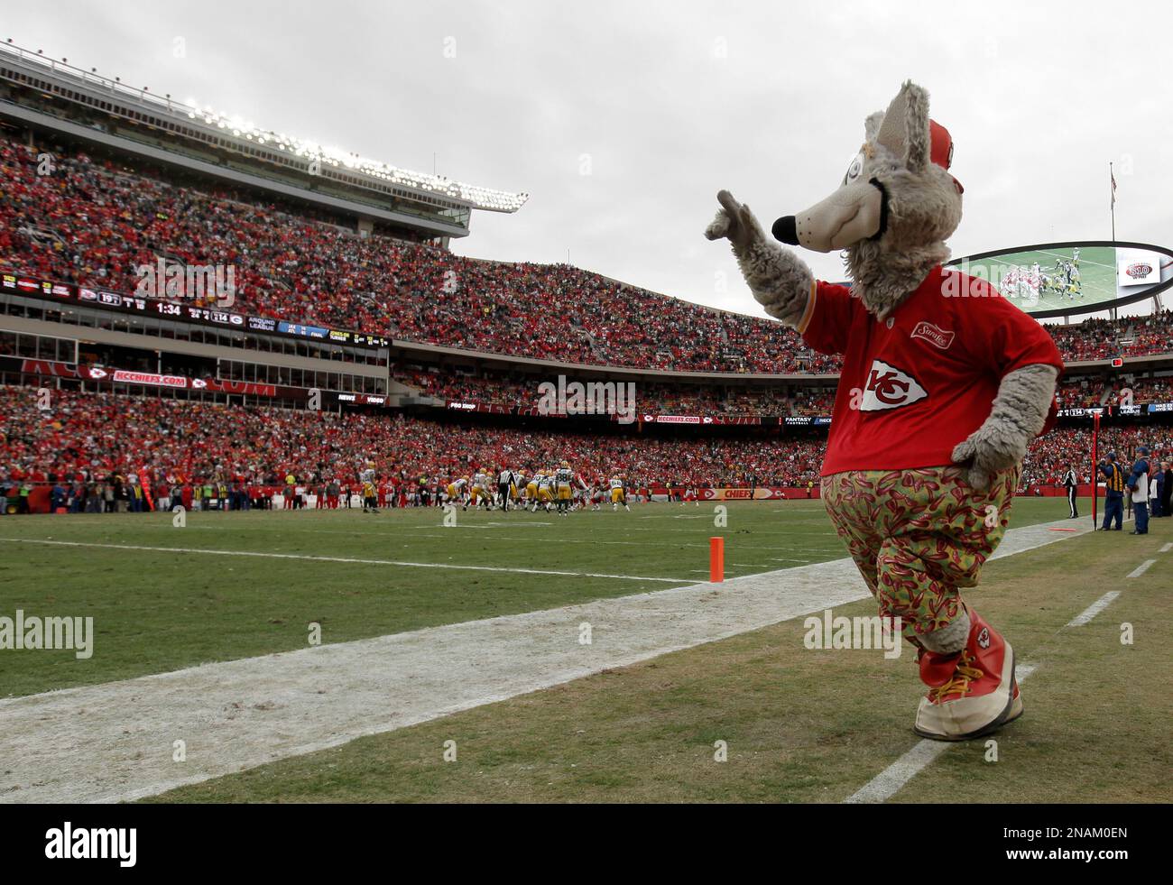 Kansas City Chiefs mascot KC Wolf runs performs during the second half ...