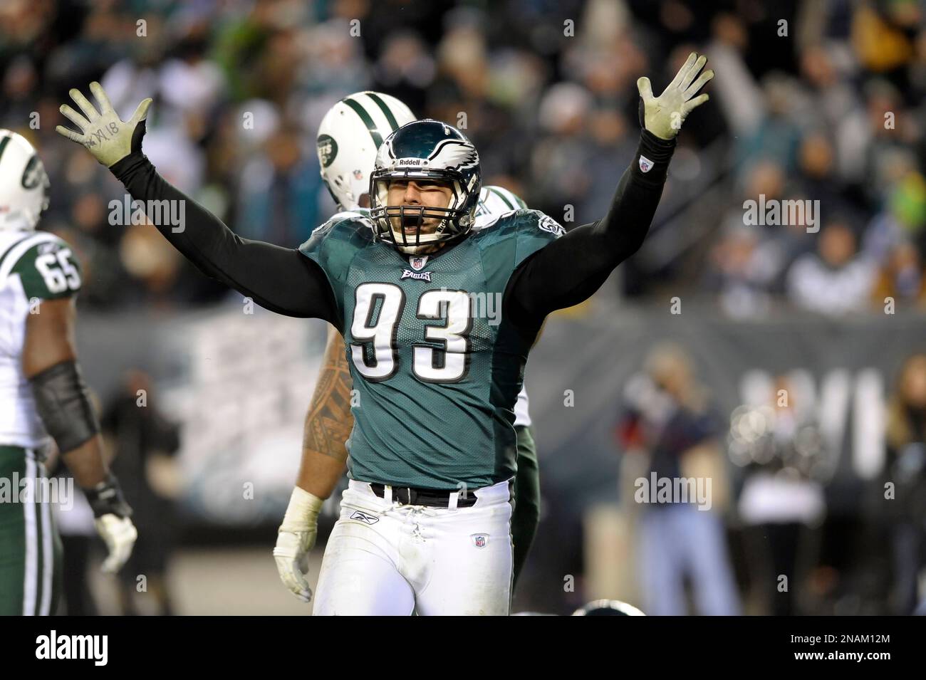 Philadelphia Eagles defensive end Jason Babin (93) celebrates a sack in ...