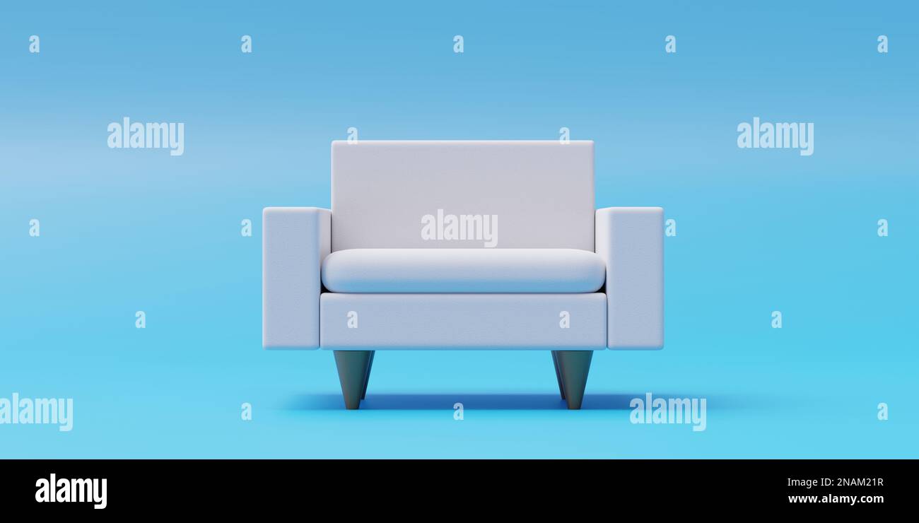 White single seat sofa isolated on blue background. Front view of ...