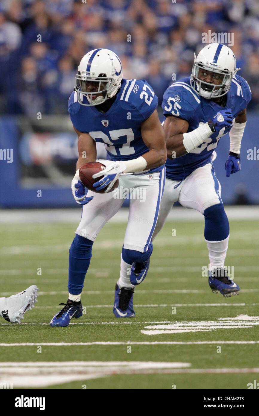 Indianapolis Colts cornerback Jacob Lacey begins a runback of an ...