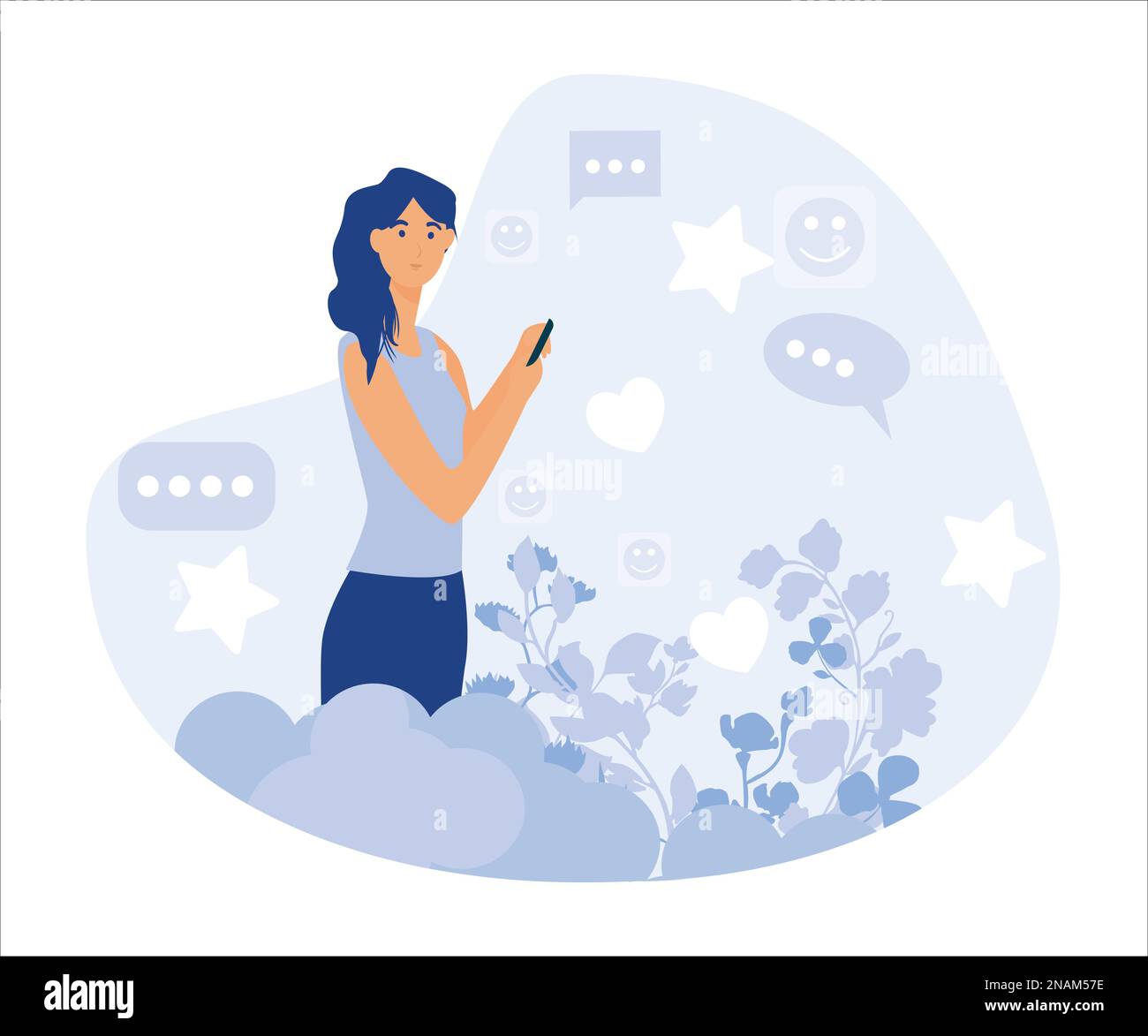 Woman texting with a smartphone, social media icons. Concept ...