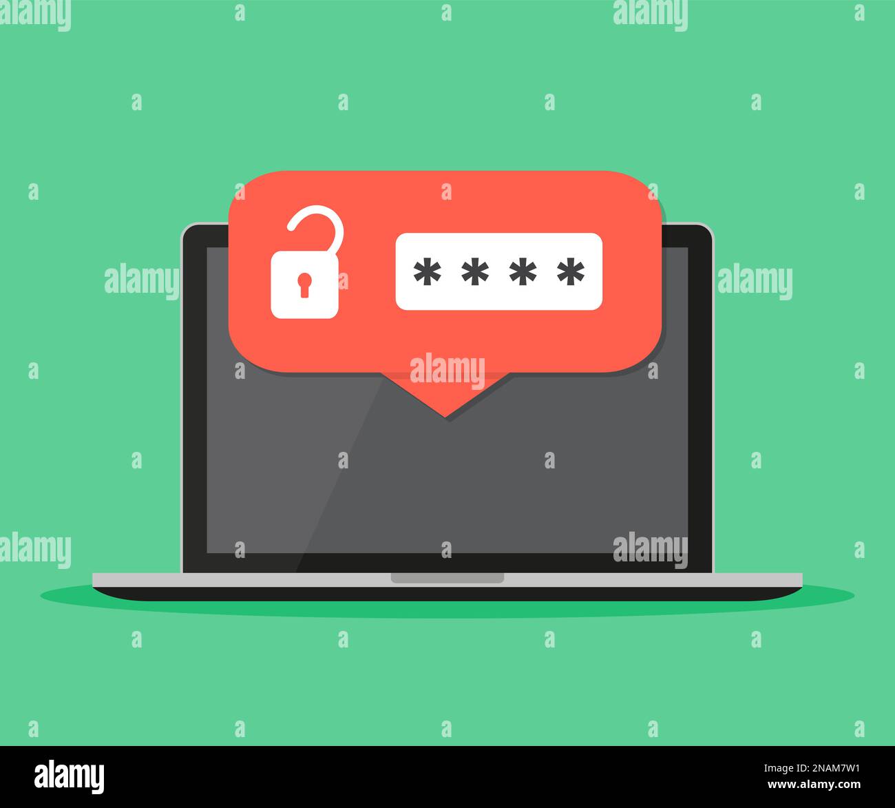 Desktop Computer With Unlocked Password Bubble Notification Flat
