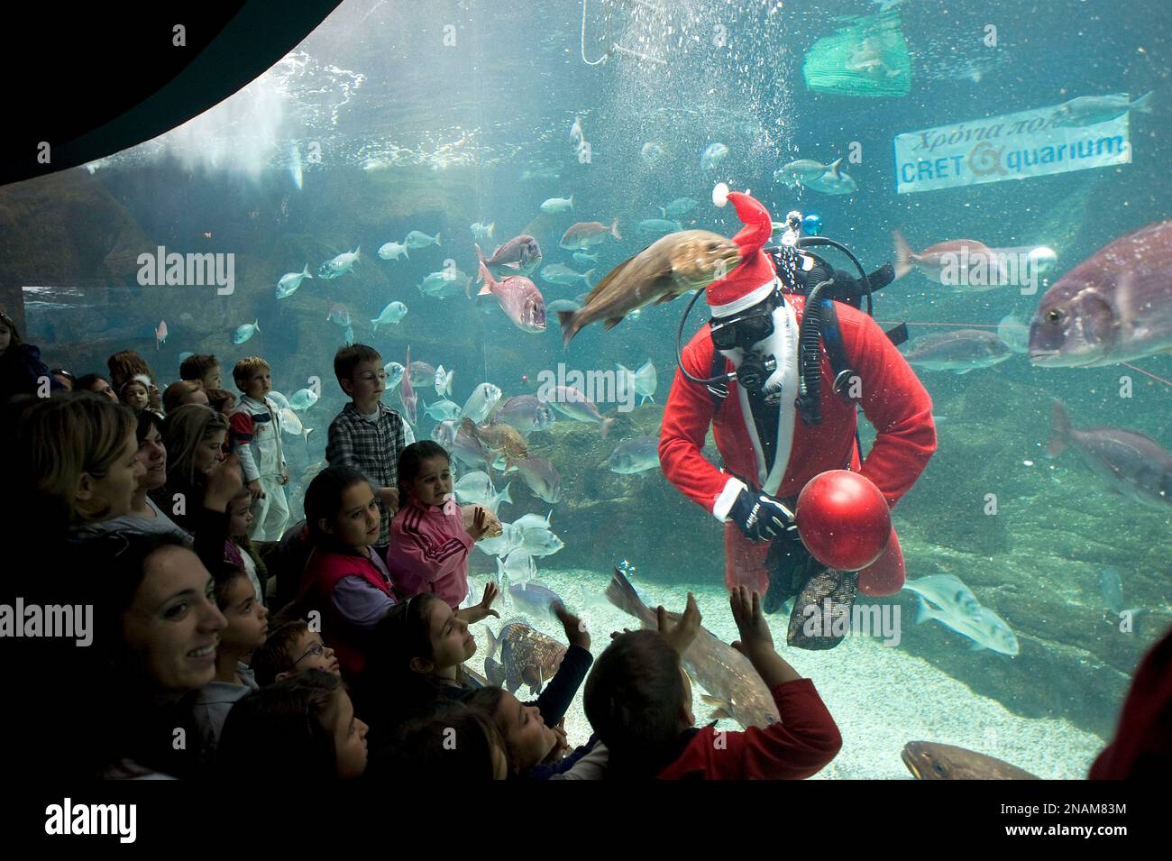 Children wave at a diver dressed as Santa Claus at the Creta Aquarium ...