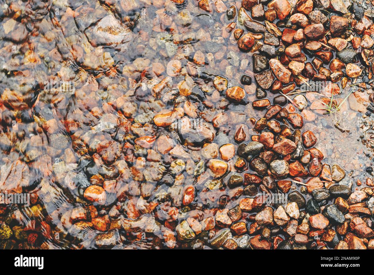 Wet pebbles in mountain creek, top view as background Stock Photo - Alamy