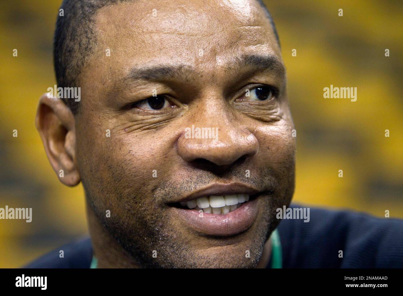 Boston Celtics head coach Doc Rivers talks with reporters during a ...