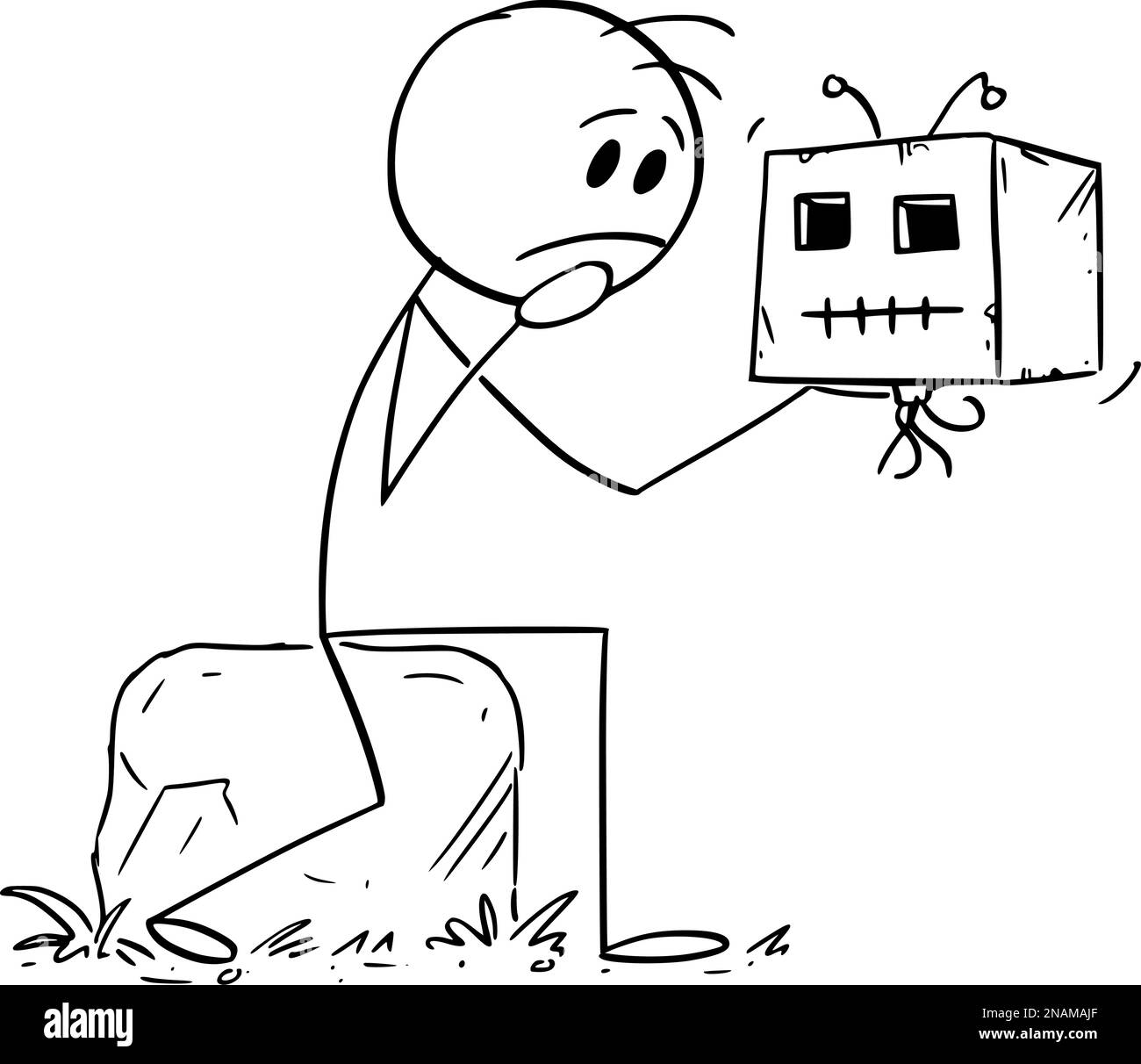 Person or Hamlet Holding Robot Head or Skull and Thinking , Vector ...
