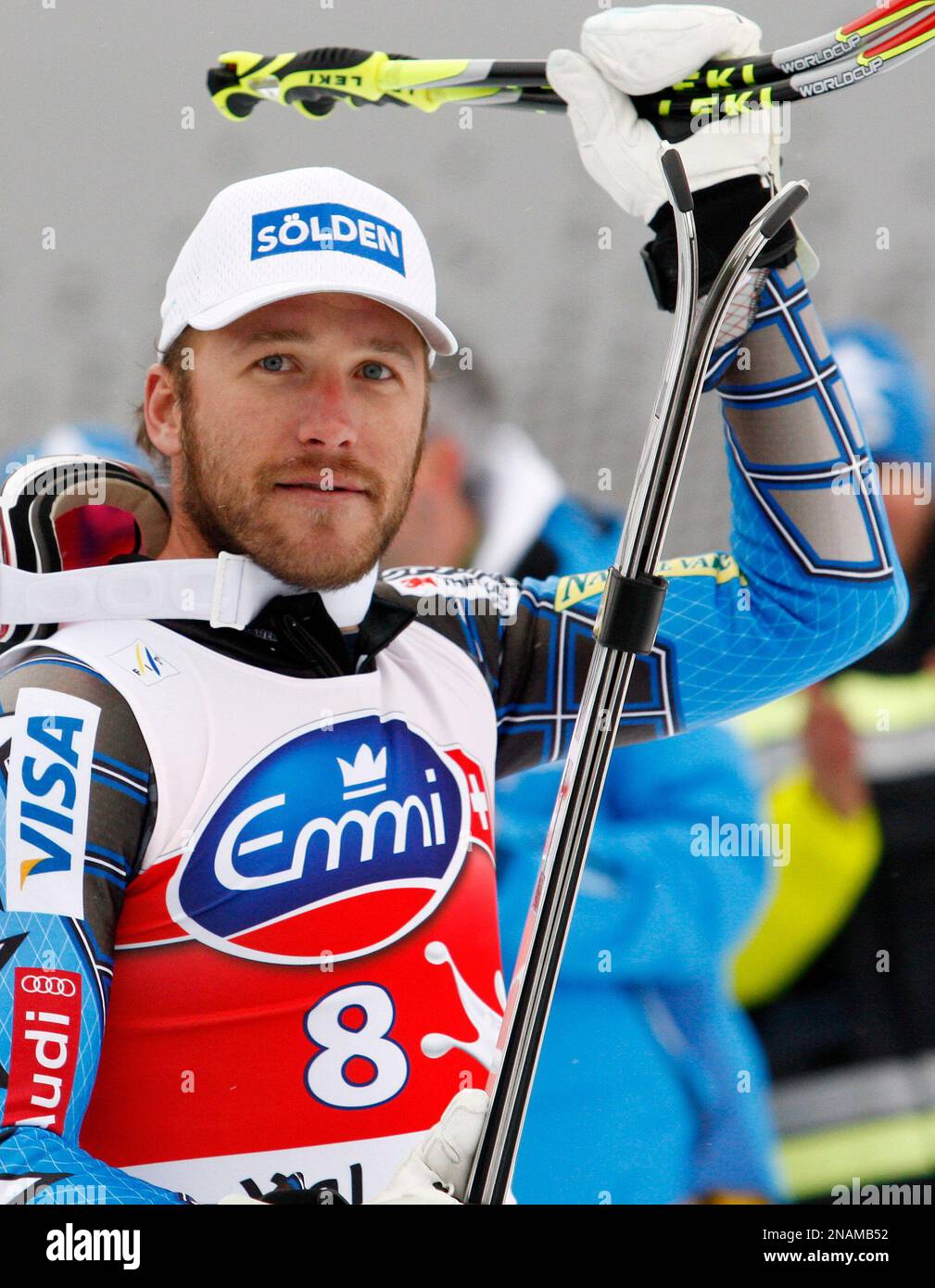 Bode Miller of the United States reacts at finish line after taking ...